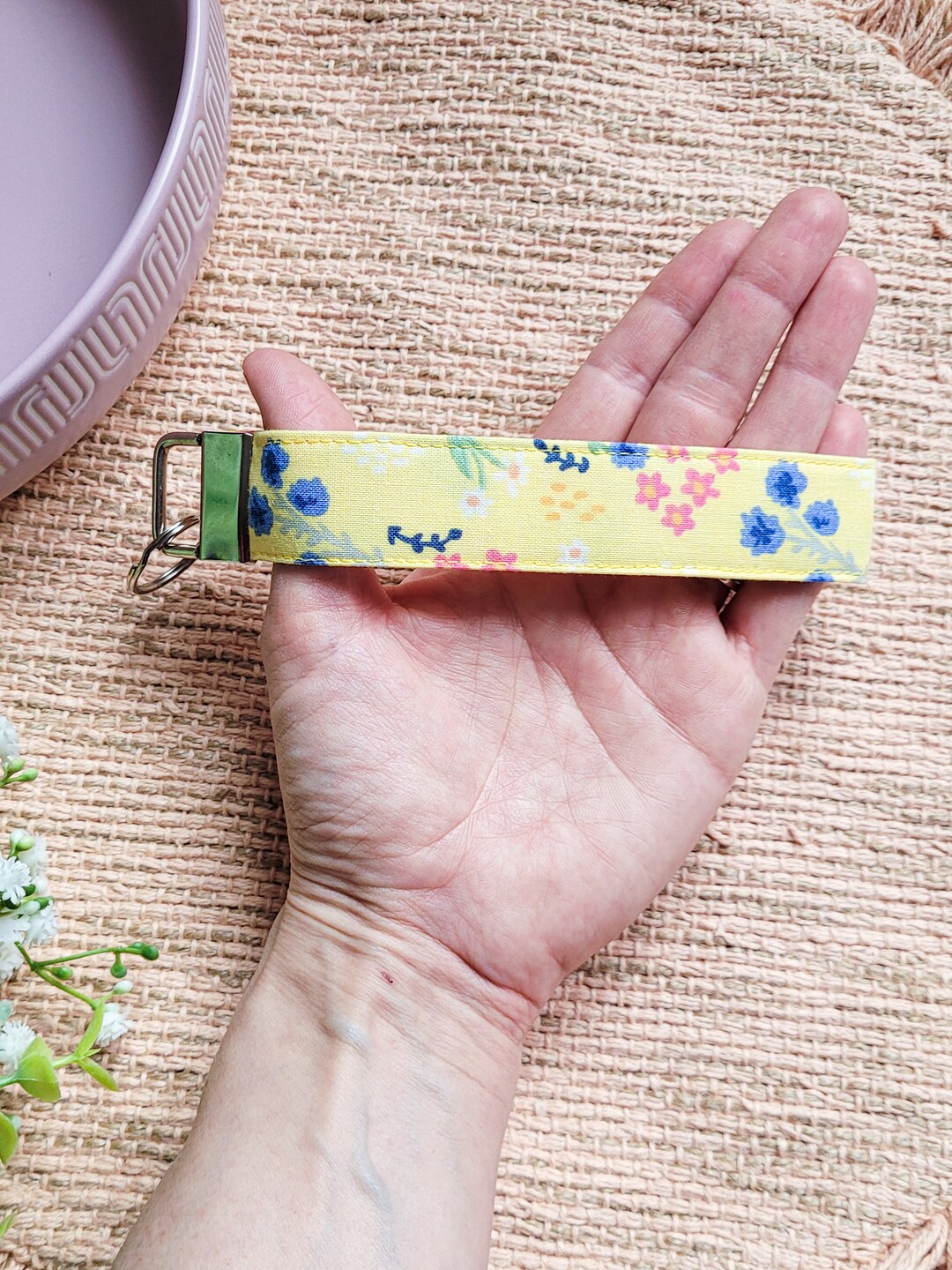 Floral Fabric Keychain Wristlet, Cute Flower Key Fob, Handmade Key ...