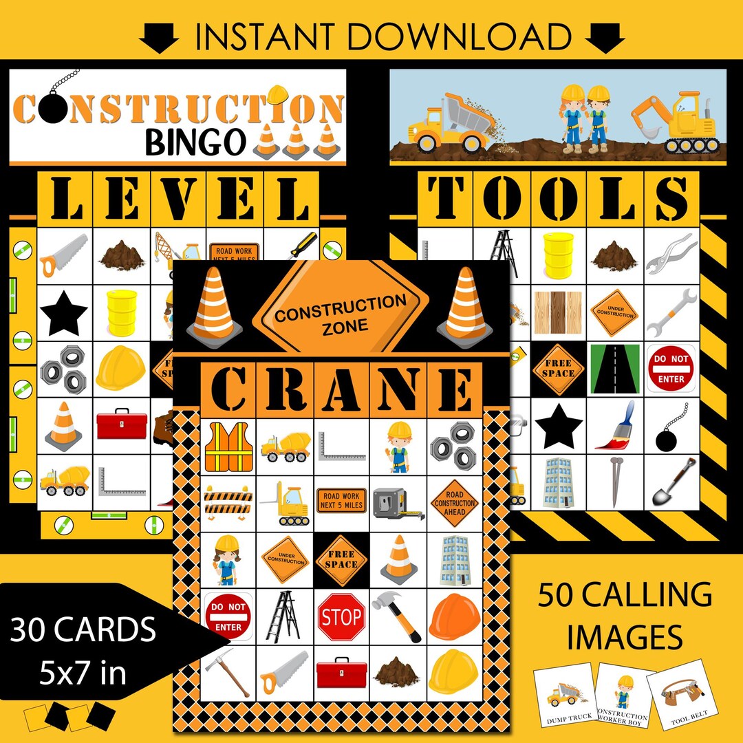Construction Bingo 30 Cards | Construction Party Games | Construction ...