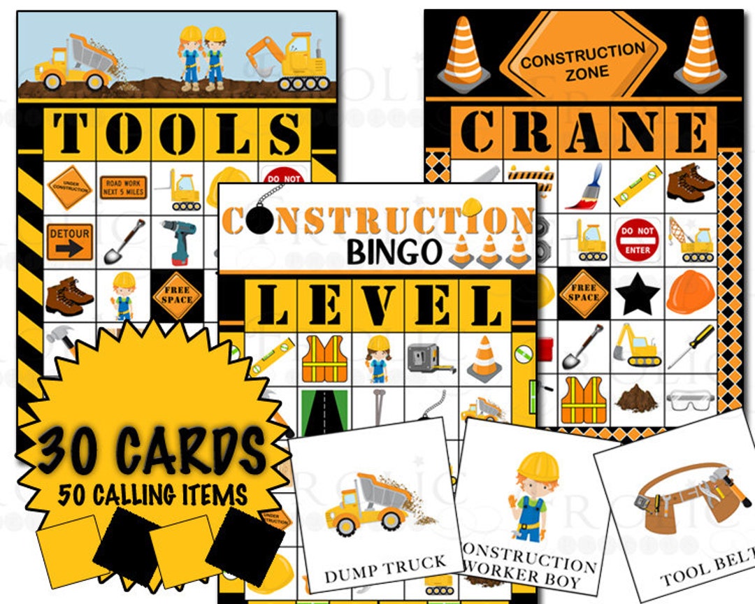 Construction Bingo 30 Cards, Construction Party Games, Construction ...