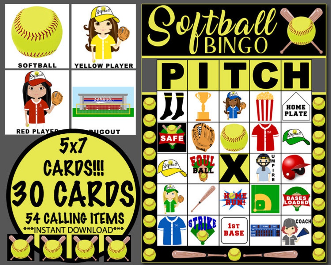 Softball Bingo 30 Printable Cards, Softball Party Games (instant ...