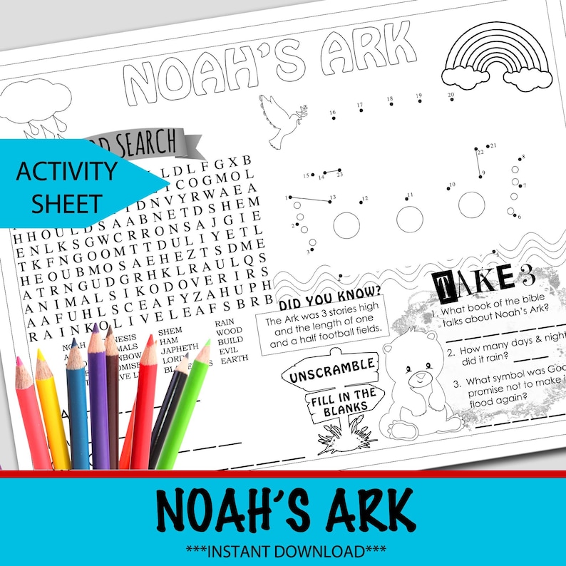 Noah's Ark Activity Sheet & Coloring Page: Bible Story (PDF Download ...