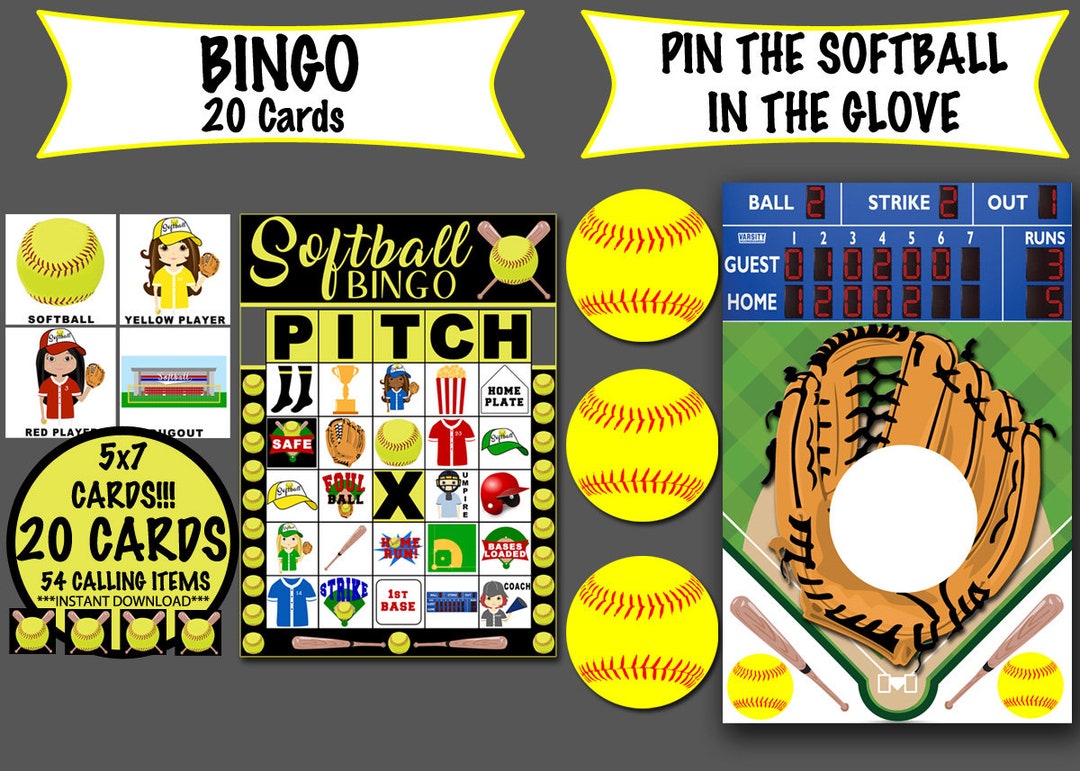 Softball Bingo, Pin the Softball in the Glove, Softball Party Games ...