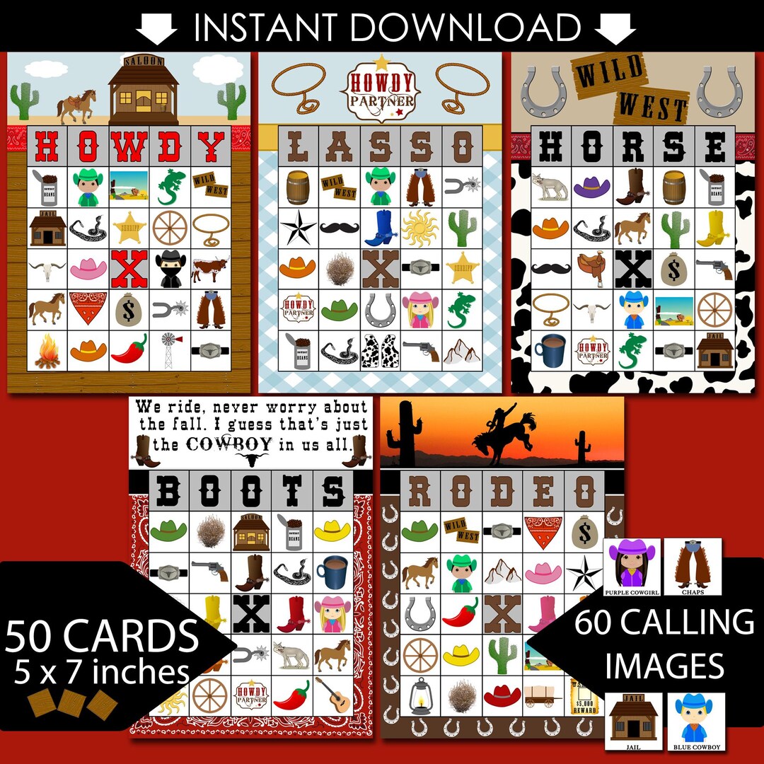 Cowboy Bingo Game: Western Birthday Party, 50 Cards (instant Download ...