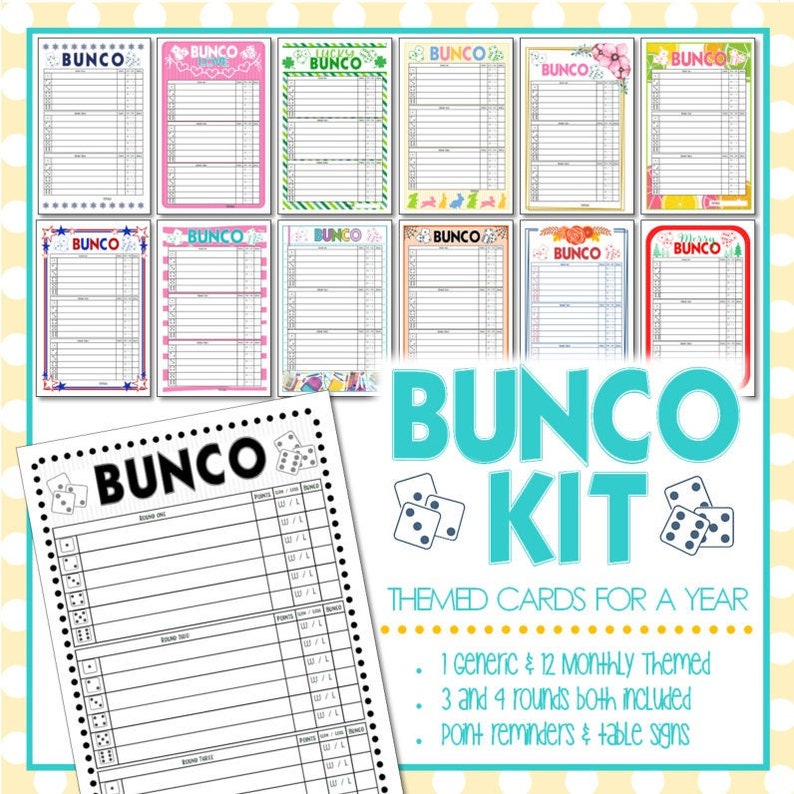 Complete Bunco Kit - Themed Bunco Cards for Every Month of the Year ...