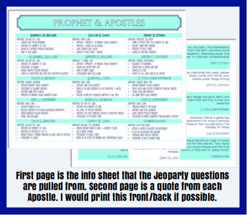 Prophet & Apostles jeoparty and Handouts. Paper - Etsy