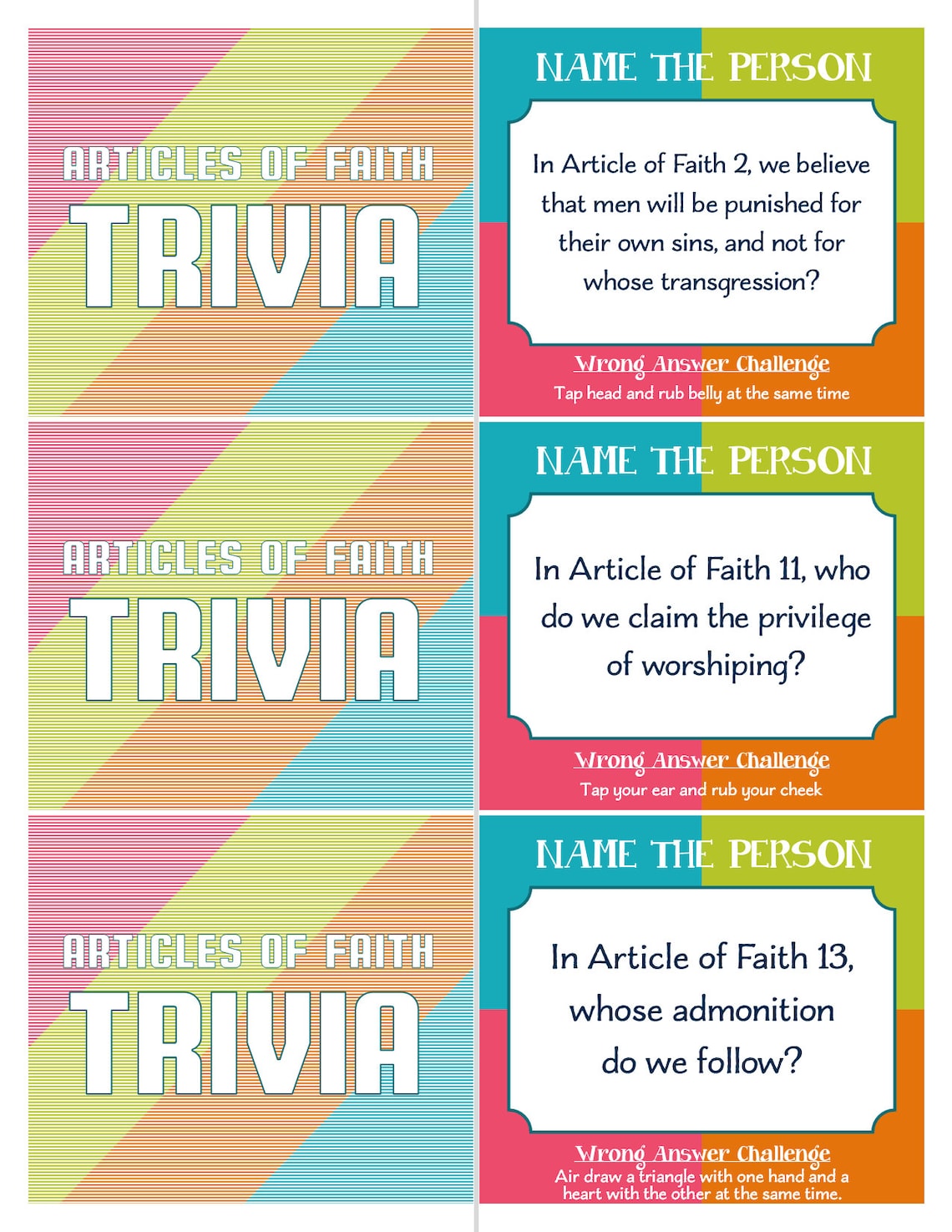 Articles of Faith Trivia Cards: Primary Activity, FHE (digital Download ...