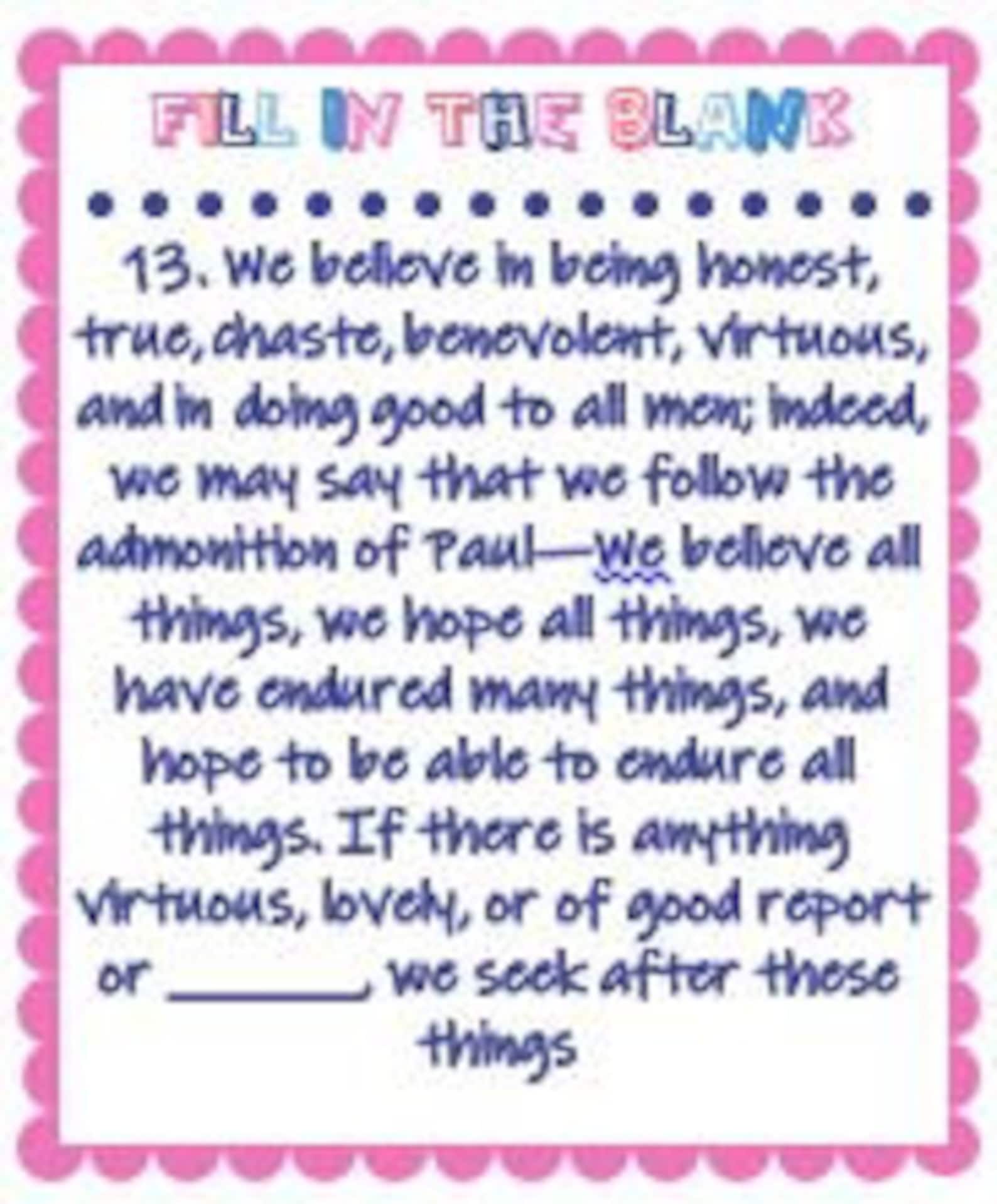 Articles of Faith Trivia Game: Sunday School Activity (digital Download ...