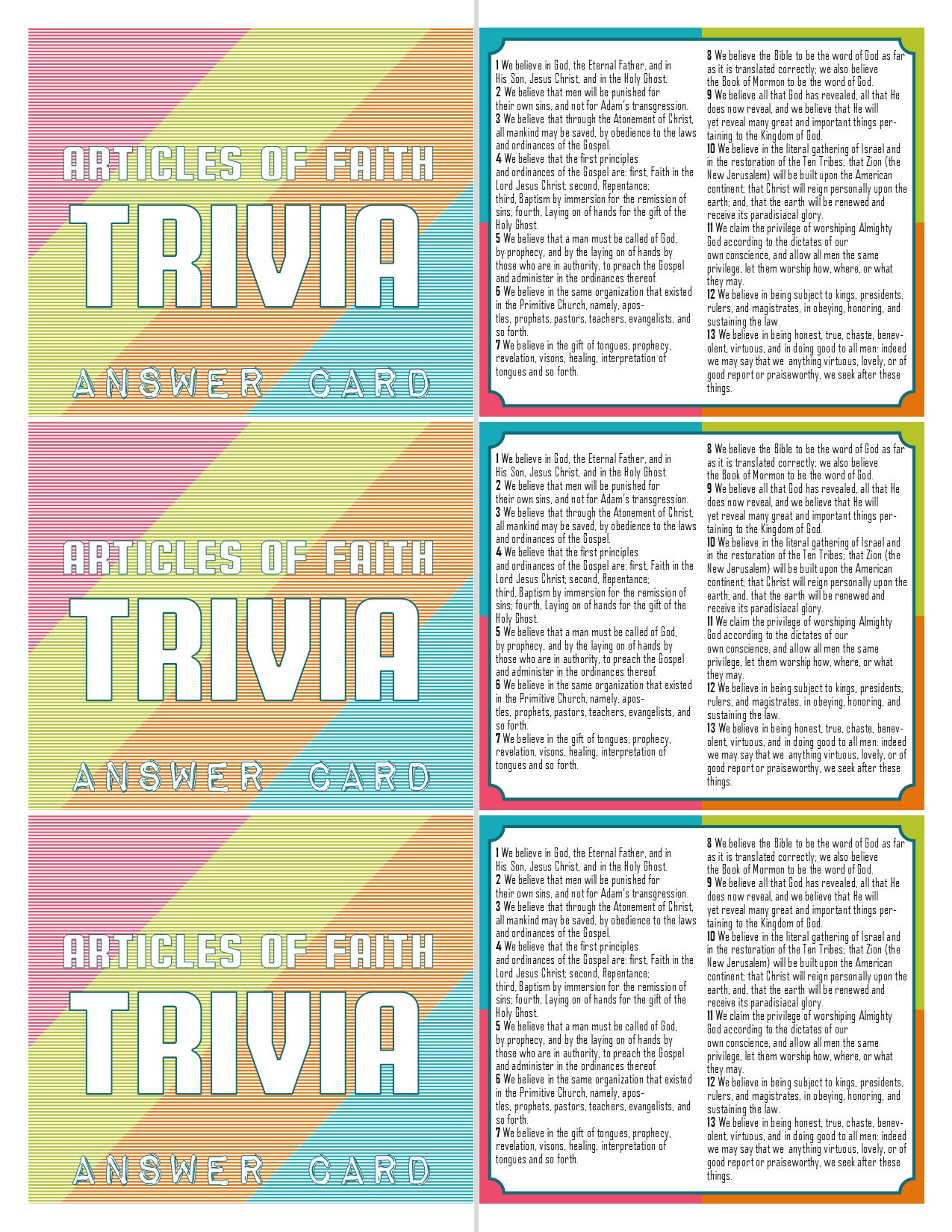 Articles of Faith Trivia Cards: Primary Activity, FHE (digital Download ...
