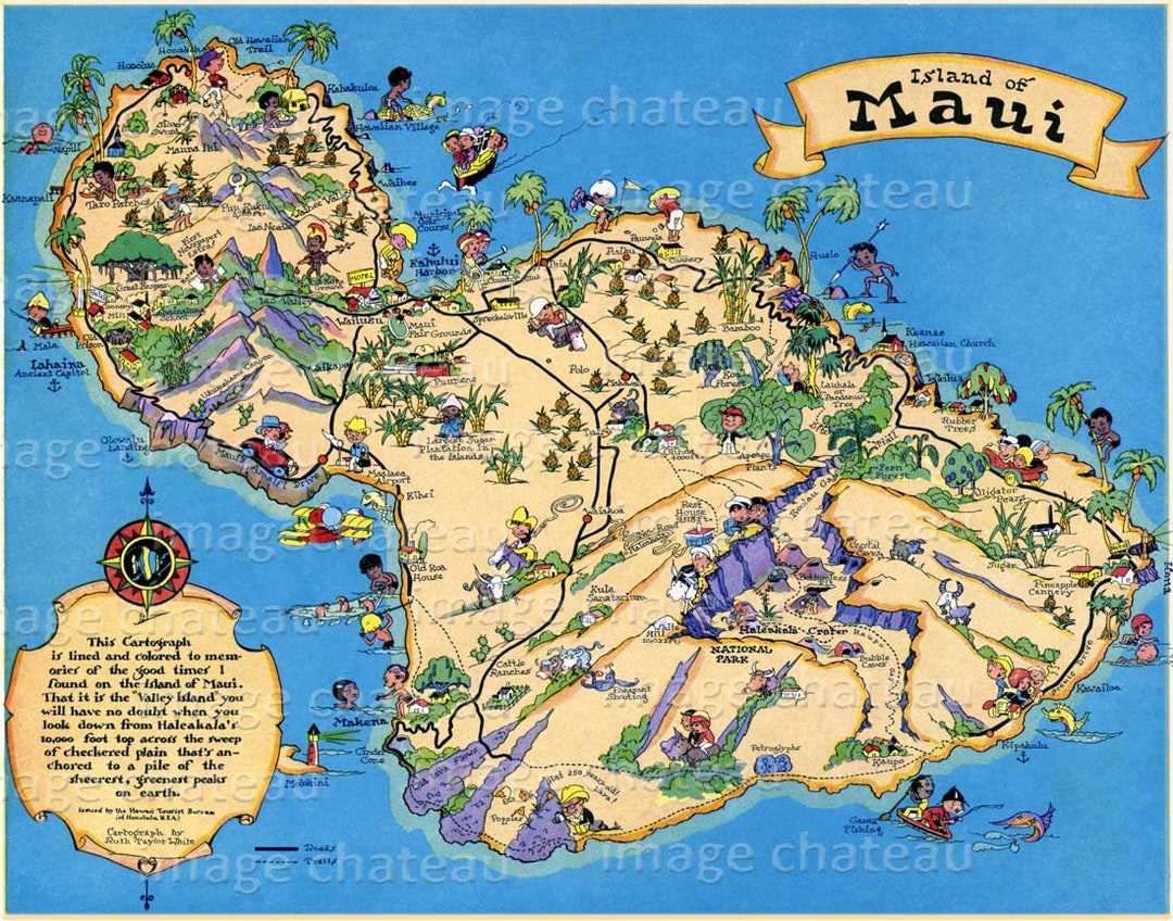 Maui HAWAII Fun Map NEW GICLEE Art Print 1930 Image by Ruth Taylor ...