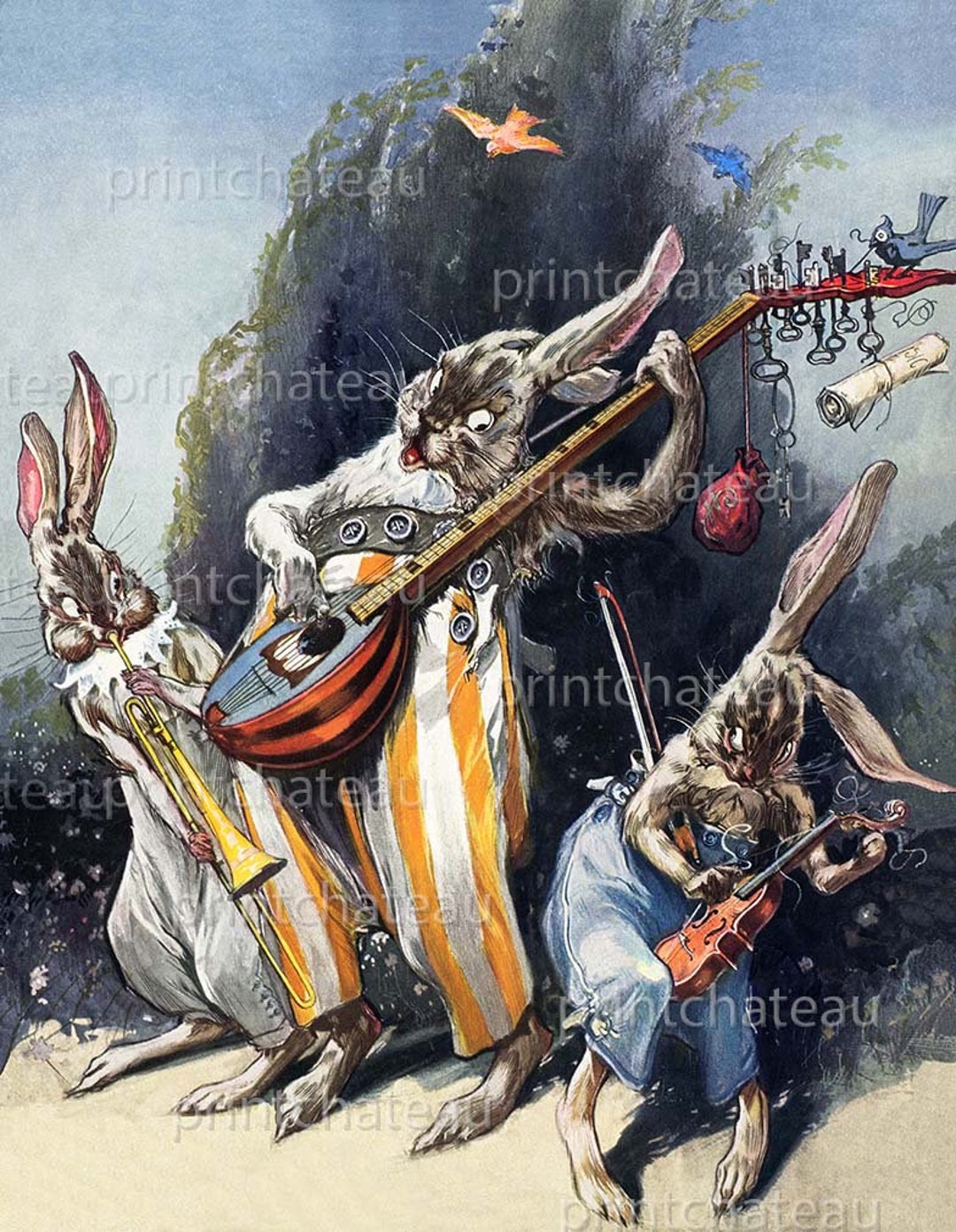 BUNNY Rabbit Band New GICLEE Art Print Playing Trombone Violin Mandolin ...