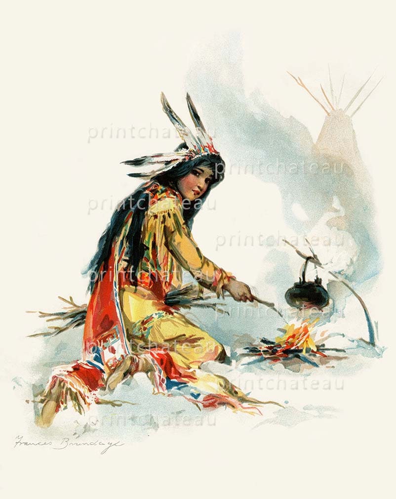 INDIAN MAIDEN Making Campfire NEW Giclee Art Print by Frances Brundage ...