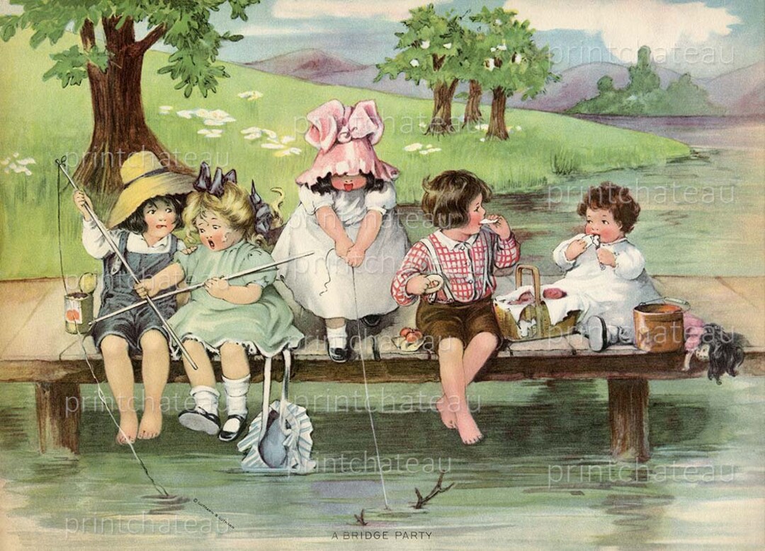 CHILDREN Sitting on Dock NEW Giclee Art Print by Meta Grimball Fishing ...