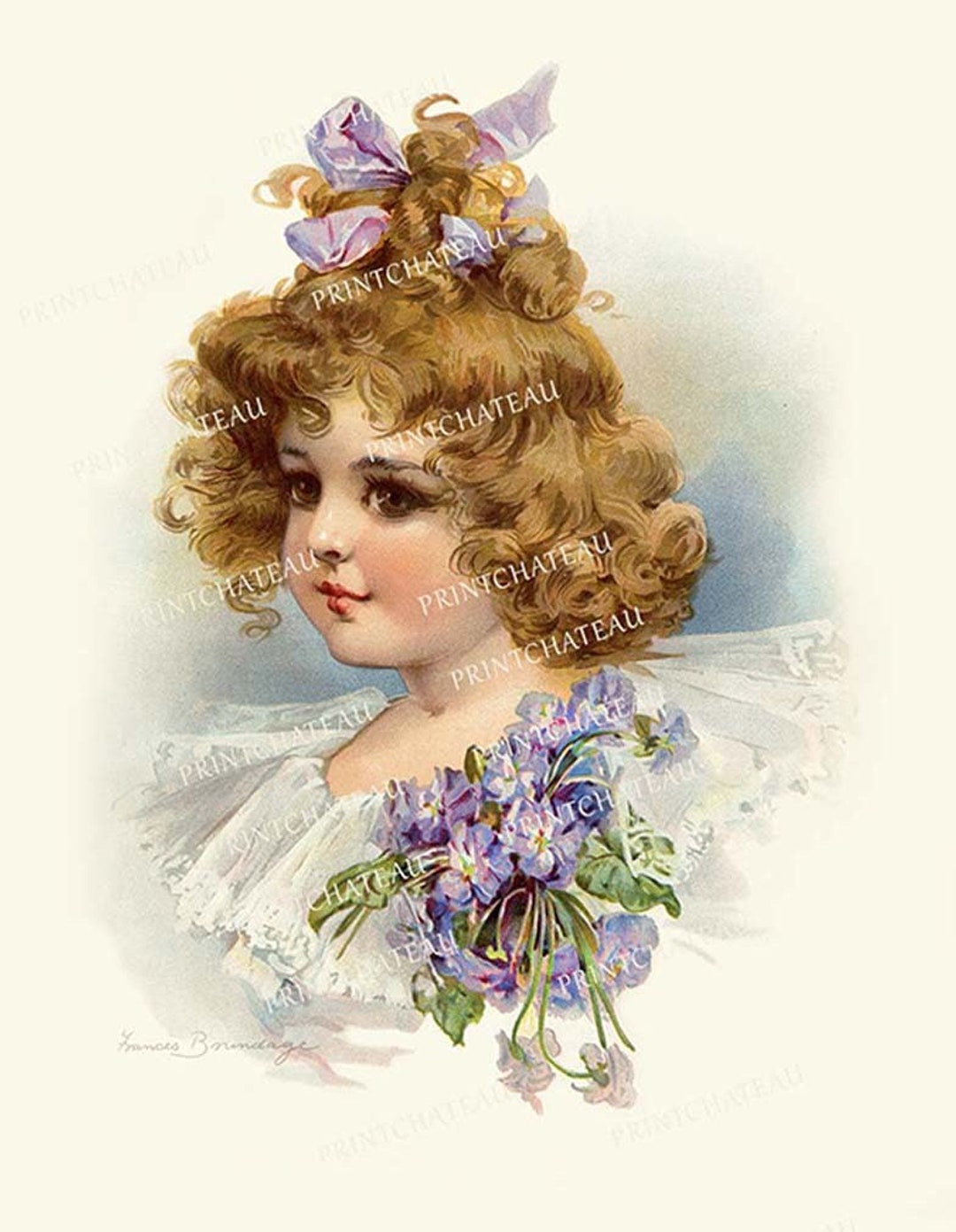 Girl VIOLETS by Frances Brundage NEW GICLEE Art Print Curly Brown Hair ...