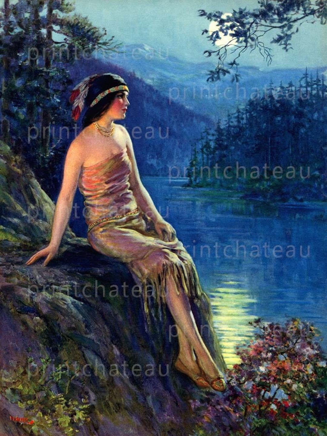Native American INDIAN MAIDEN Woman in Moonlight by NEW Giclee Art ...