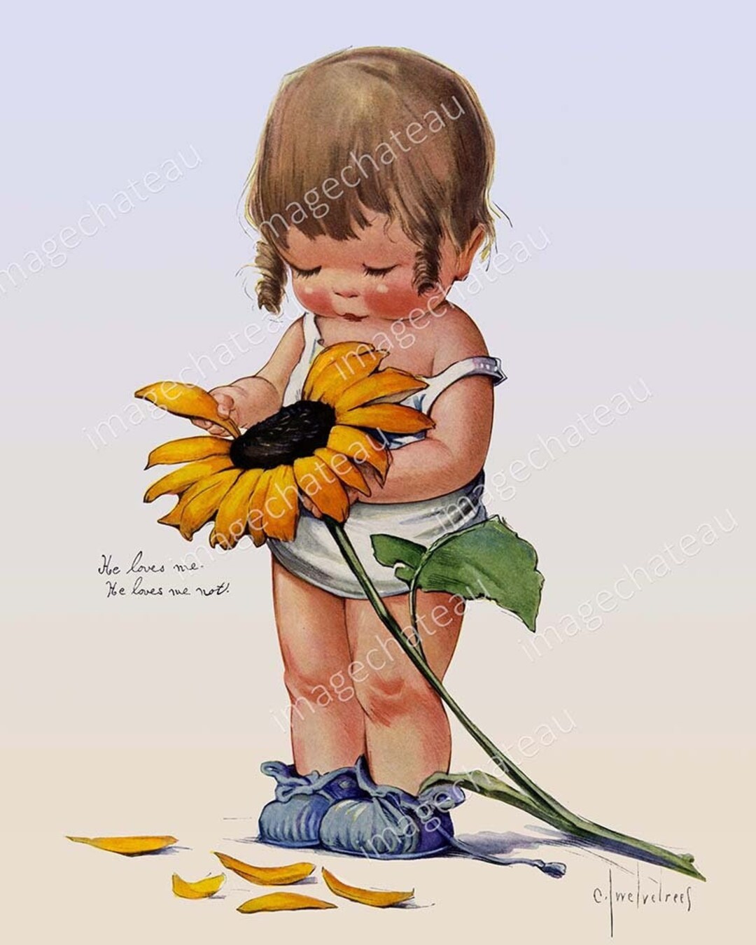 Baby Girl Sunflower NEW GICLEE Art Print He Loves Me or Not Pulling ...