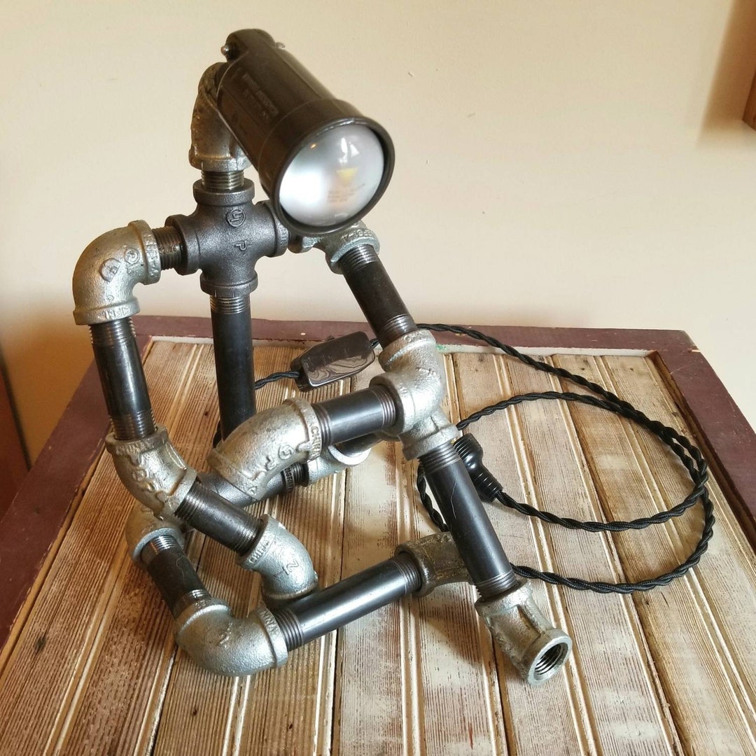 Robot Lamp Modern Industrial Pipe Light Steampunk Art Black and Silver ...