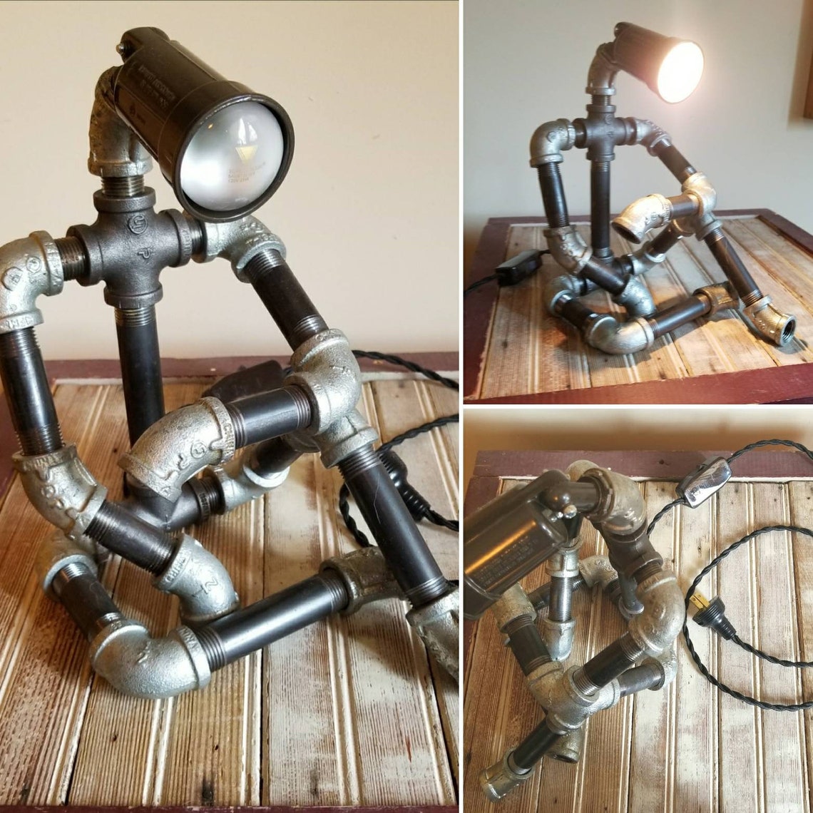 Robot Lamp Modern Industrial Pipe Light Steampunk Art Black and Silver ...