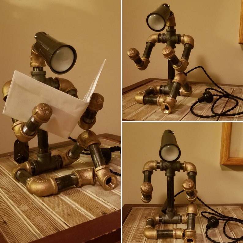 Robot Lamp Steampunk Art Black Brass Pipe Desk Light Reader | Etsy