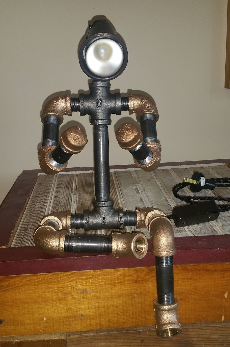 Pipe Robot Lamp Black and Brass Pipe Light Father's Day | Etsy