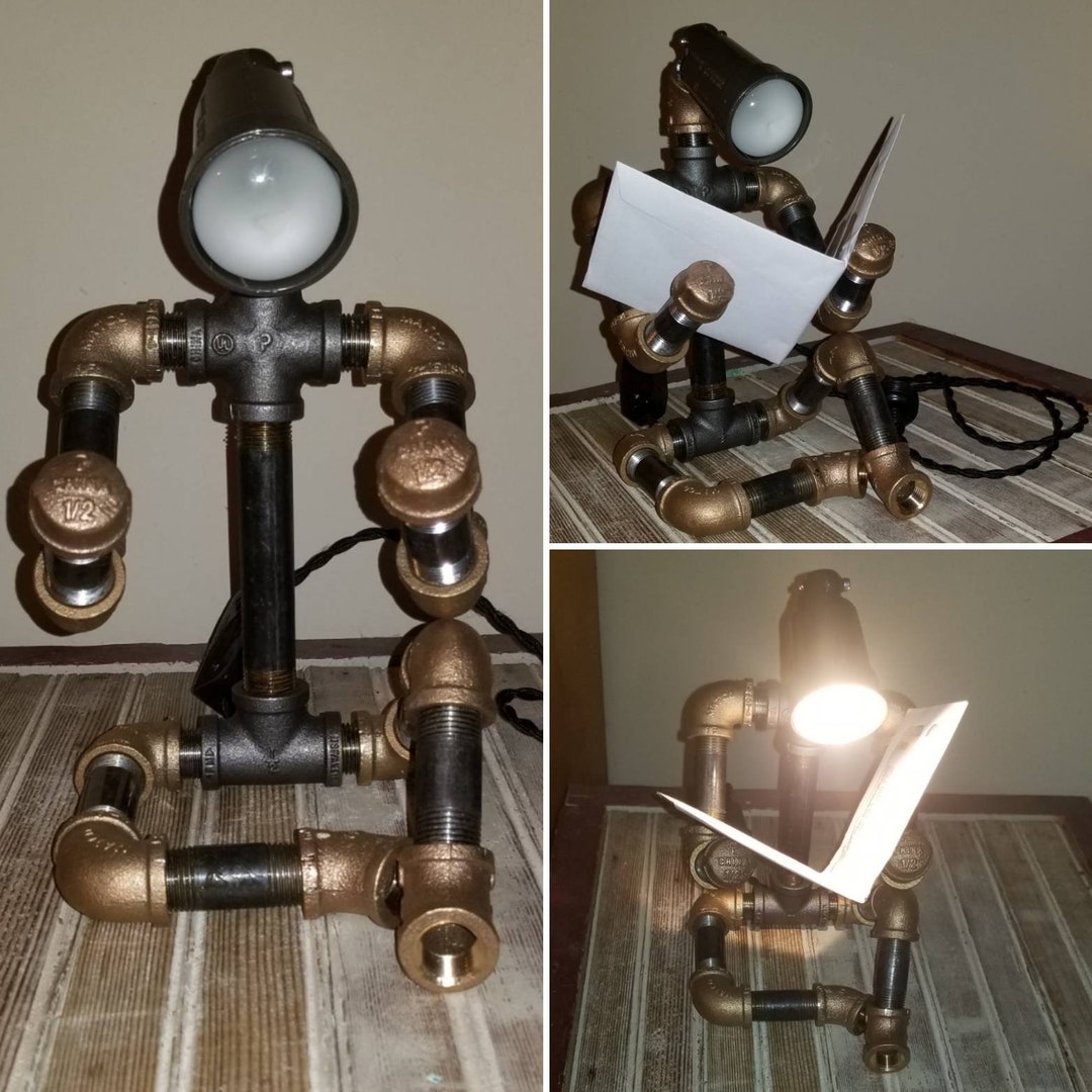 Robot Lamp Steampunk Art Black Brass Pipe Desk Light Reader Father's ...