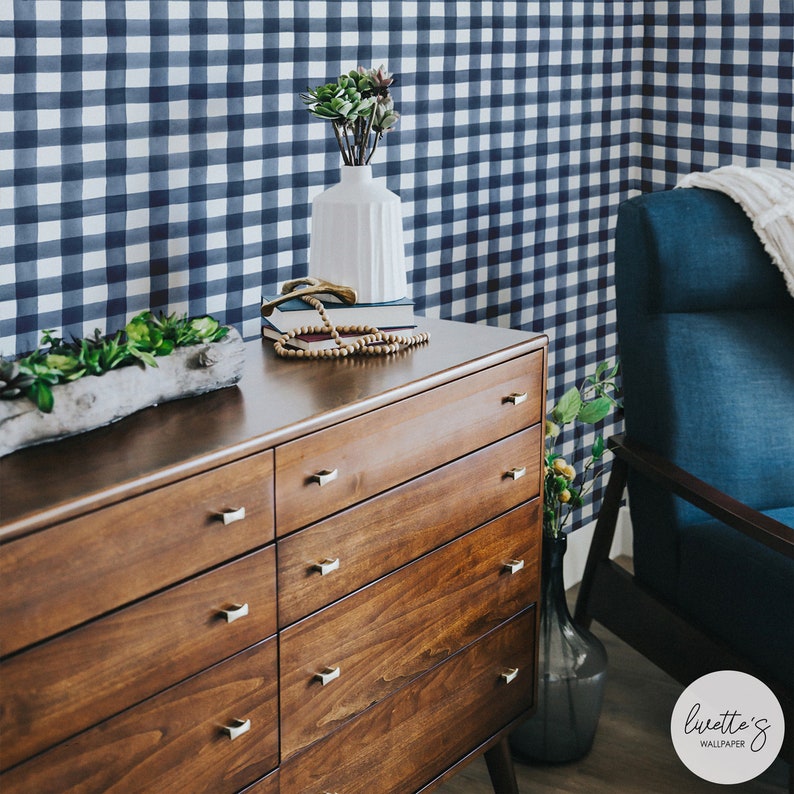 Navy Plaid Removable Wallpaper Buffalo Check Watercolor | Etsy