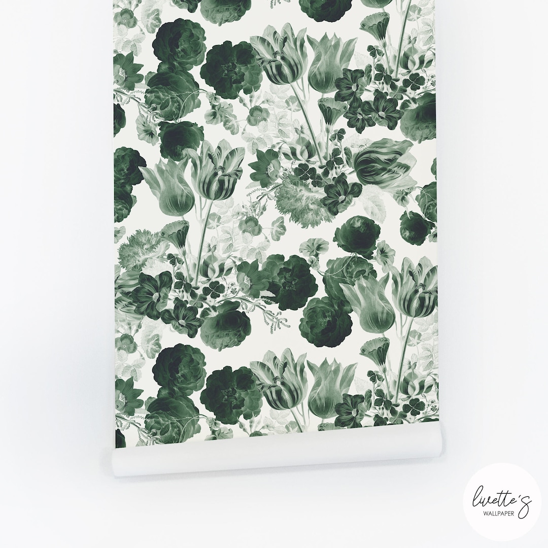 Classic Green Vintage Flowers Wallpaper, Floral Drawing, Peel and Stick ...