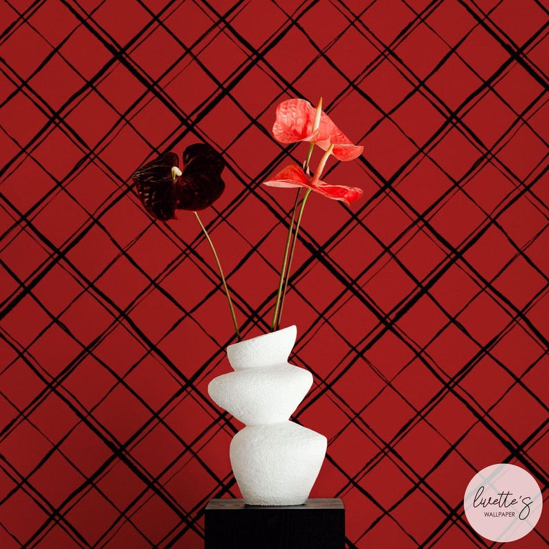 Red Plaid Peel and Stick Wallpaper: Victorian Style Accent Wall - Etsy ...