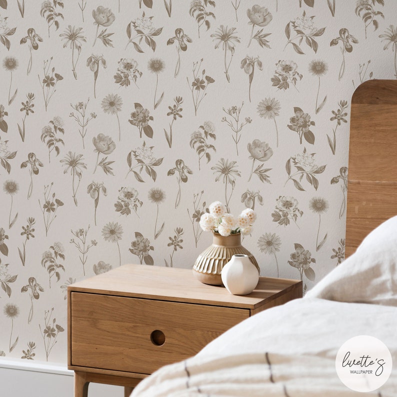 Neutral Vintage Florals Wallpaper Modern Bohemian Style - Etsy