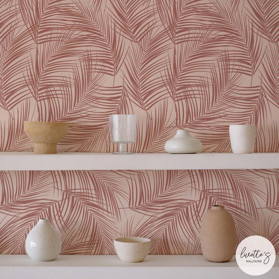 Pink Palm Leaves Removable Wallpaper, Tropical Palm Leaf, Traditional ...