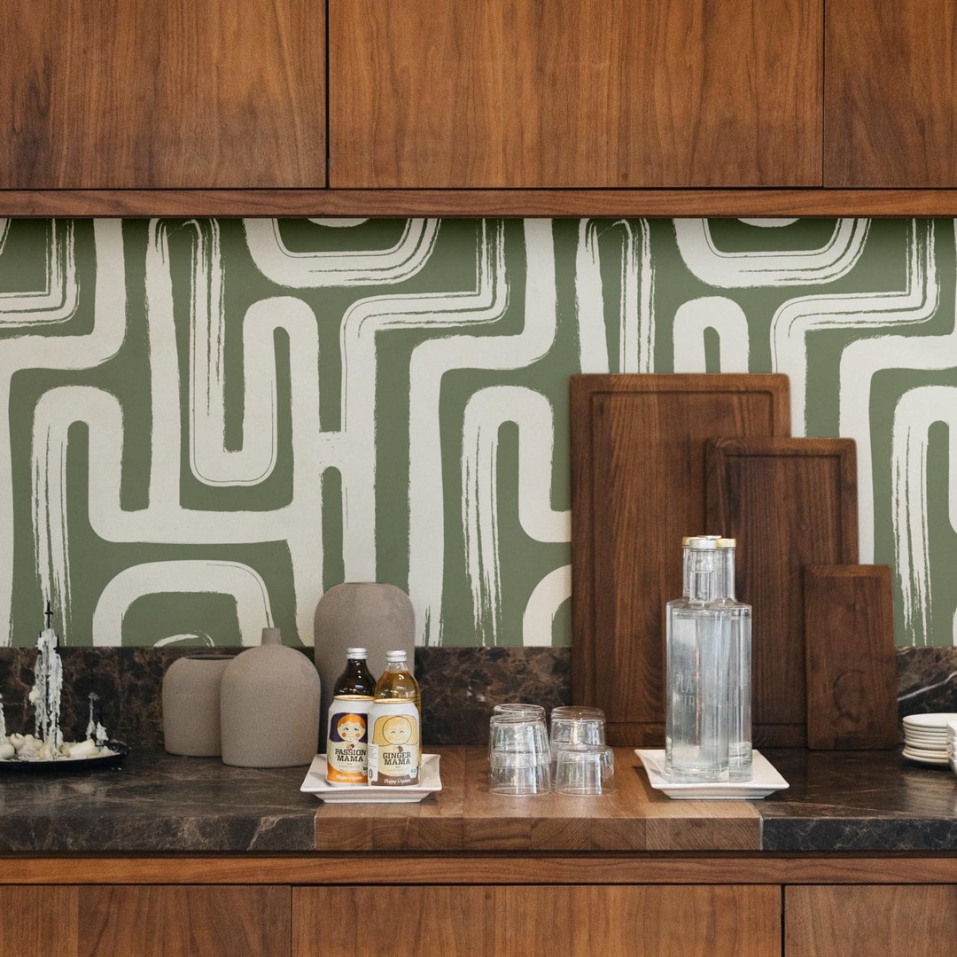 Olive Brushstroke Maze Peel and Stick Backsplash, Removable DIY Decor ...