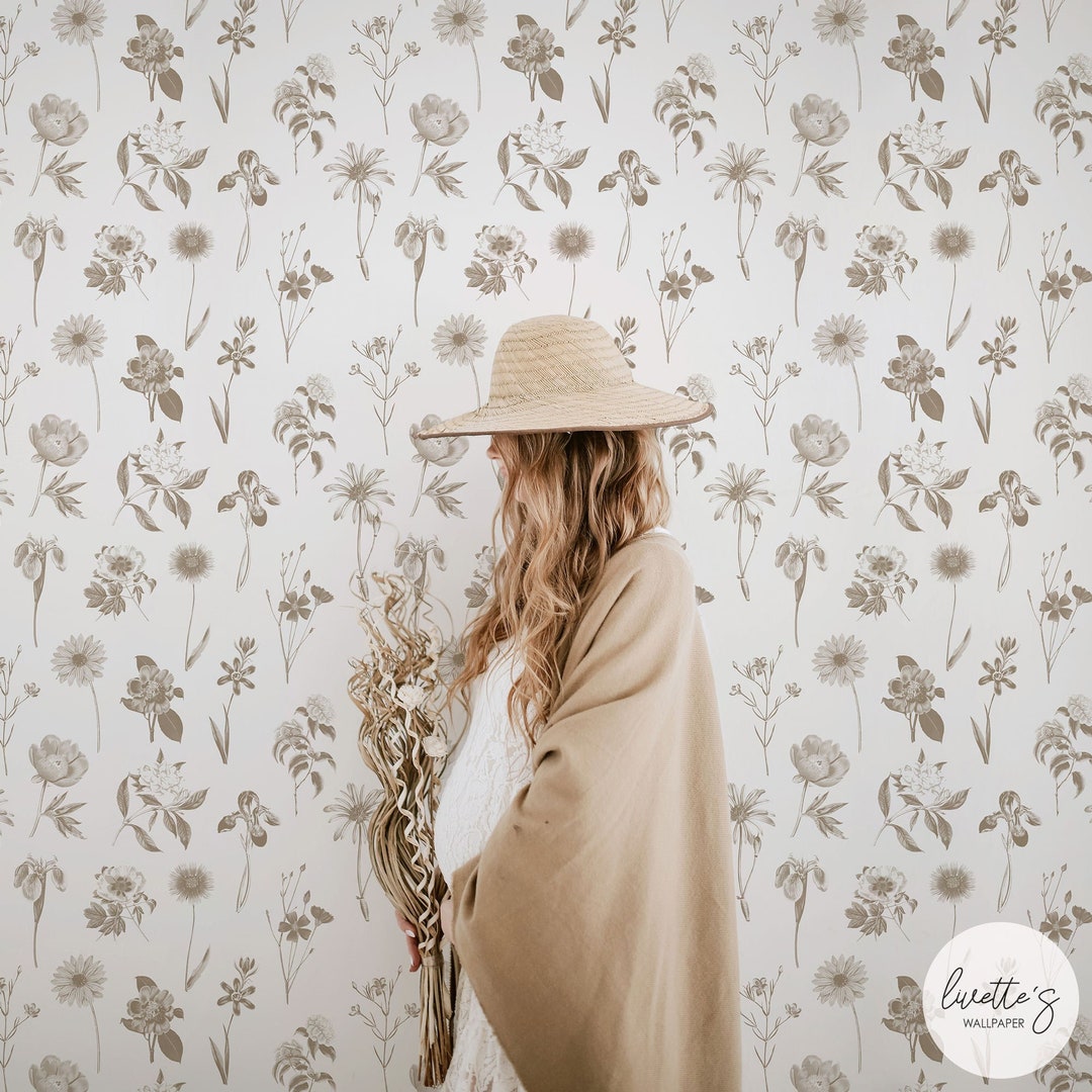 Neutral Vintage Florals Wallpaper, Modern Bohemian Style Floral Pattern ...