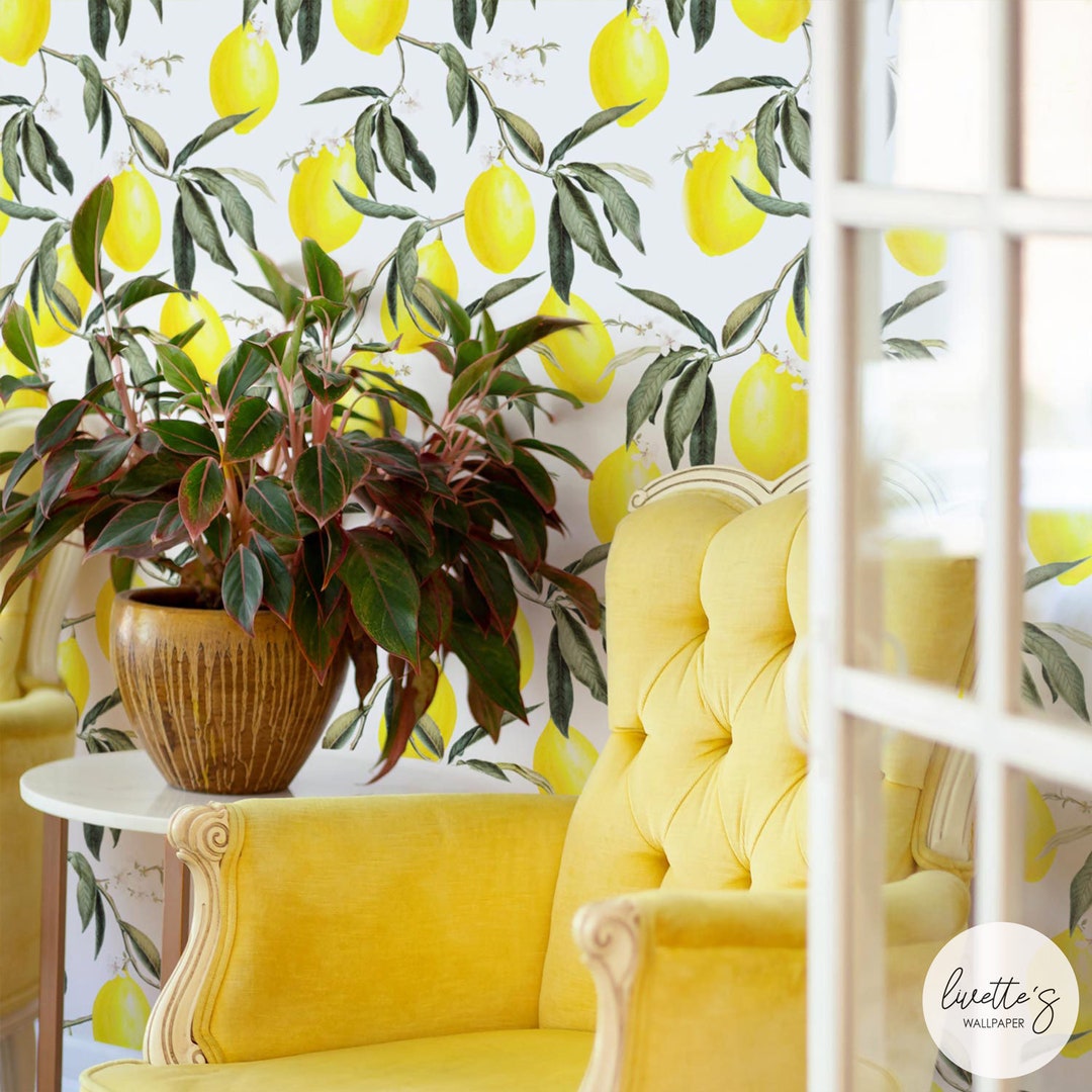 Wall Paper Lemons Peel and Stick Fabric Wallpaper Bright Yellow Accent ...