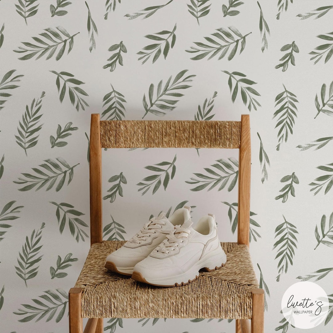 Olive Green Botanical Wallpaper, Vintage Leaf Print (removable) - Etsy