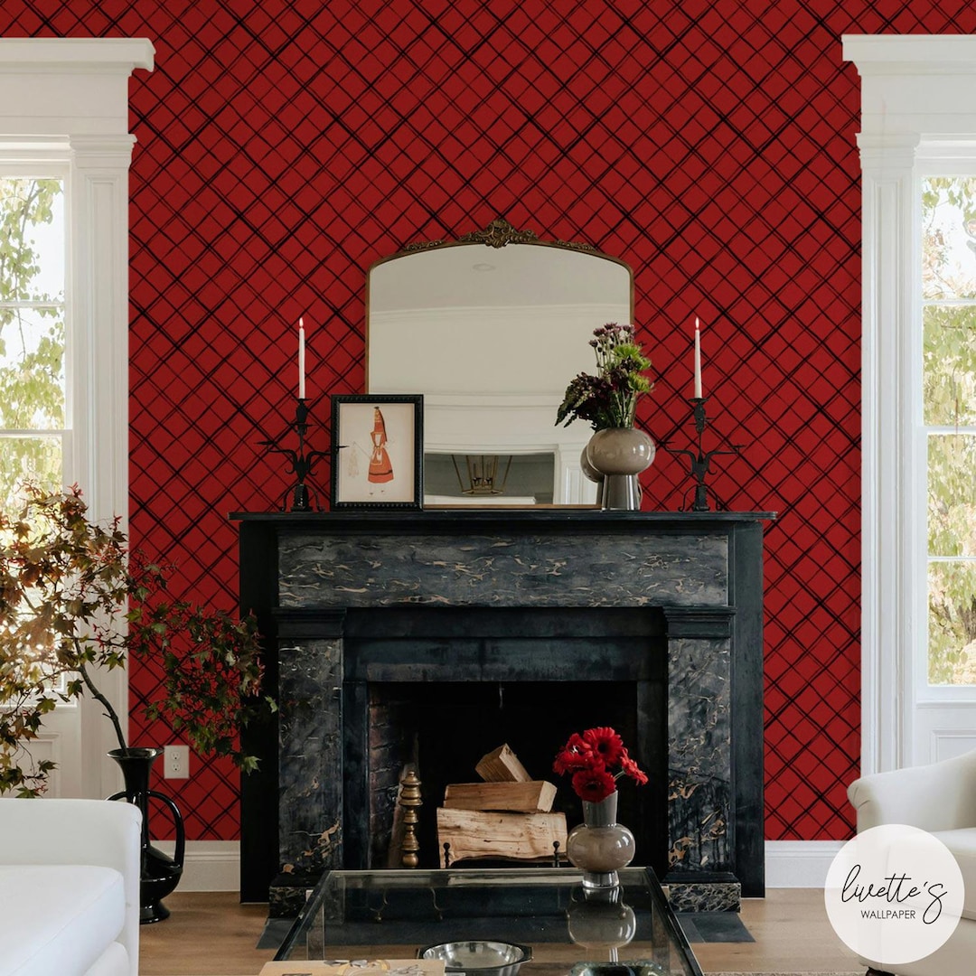 Red Plaid Peel and Stick Wallpaper: Victorian Style Accent Wall - Etsy ...