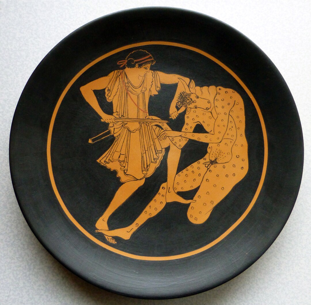 The Fight Between Theseus and Minotaur, Hand-painted on Decorative ...