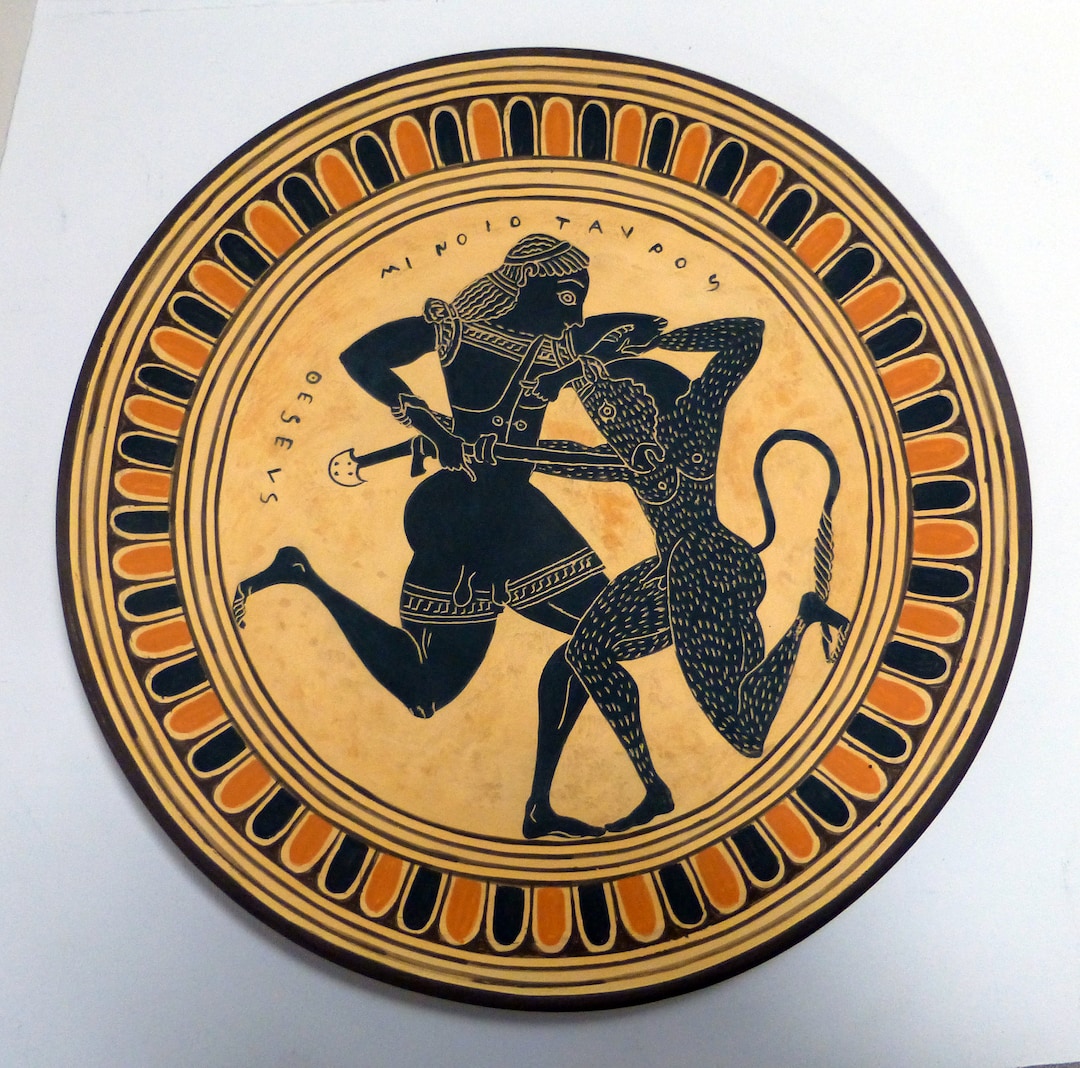 Ceramic Plate With Theseus Slaying the Minotaur, Hand Painted and Fired ...