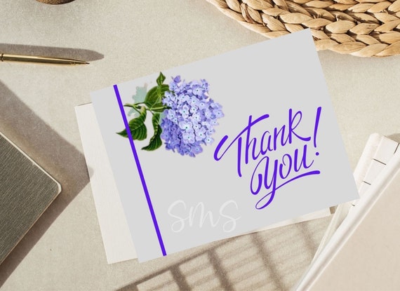 Thank You Printable Gray Card With Purple Floral/gray Floral | Etsy