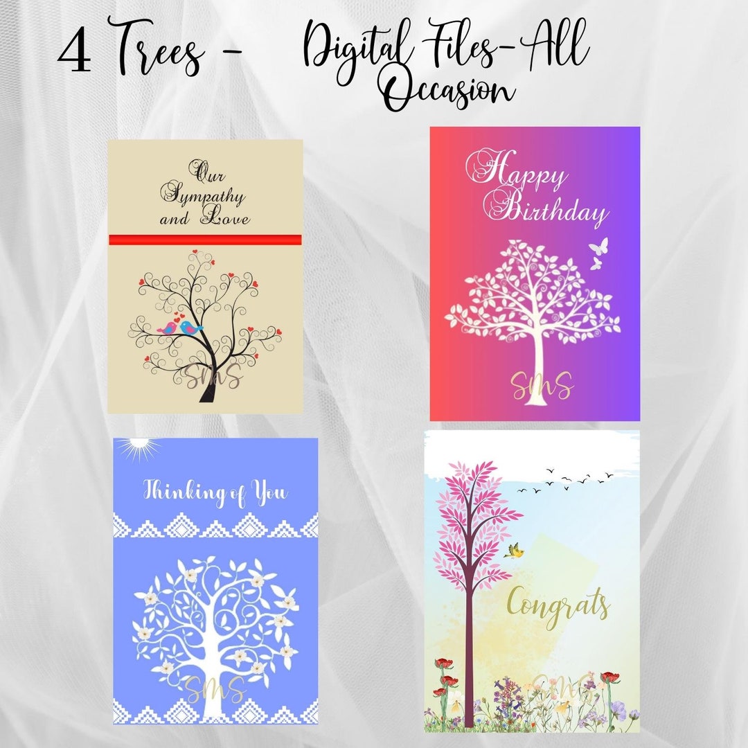 Set of 4 Trees Cards, Digital PNG Designer All Occasion, Sympathy Card ...