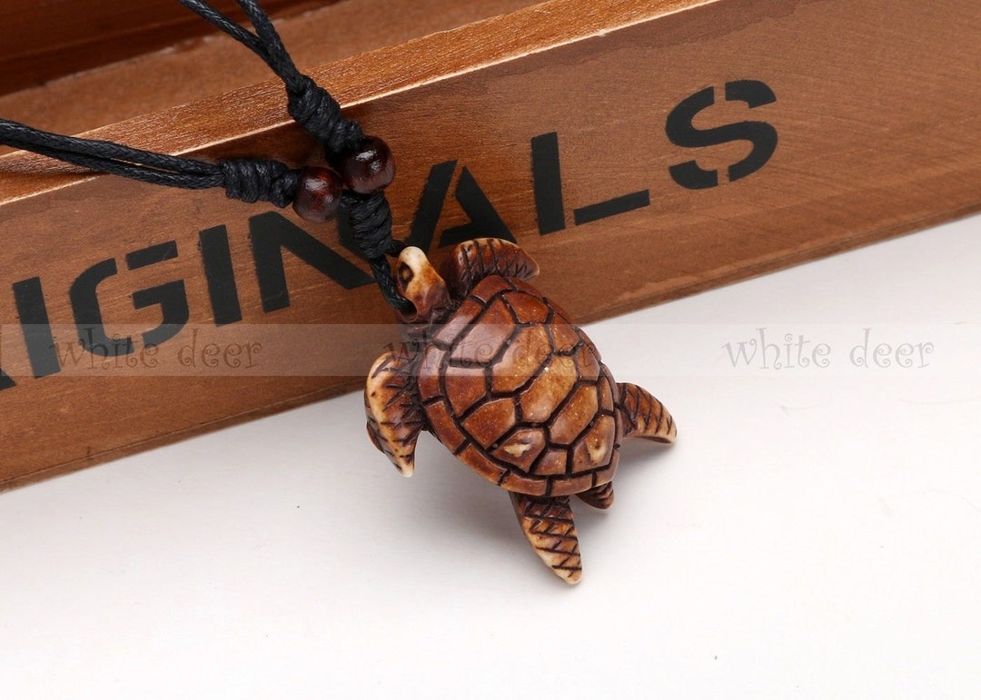 Resin Wood Pendant Necklace Carving Lucky Brown White Wise Sea Turtle ...