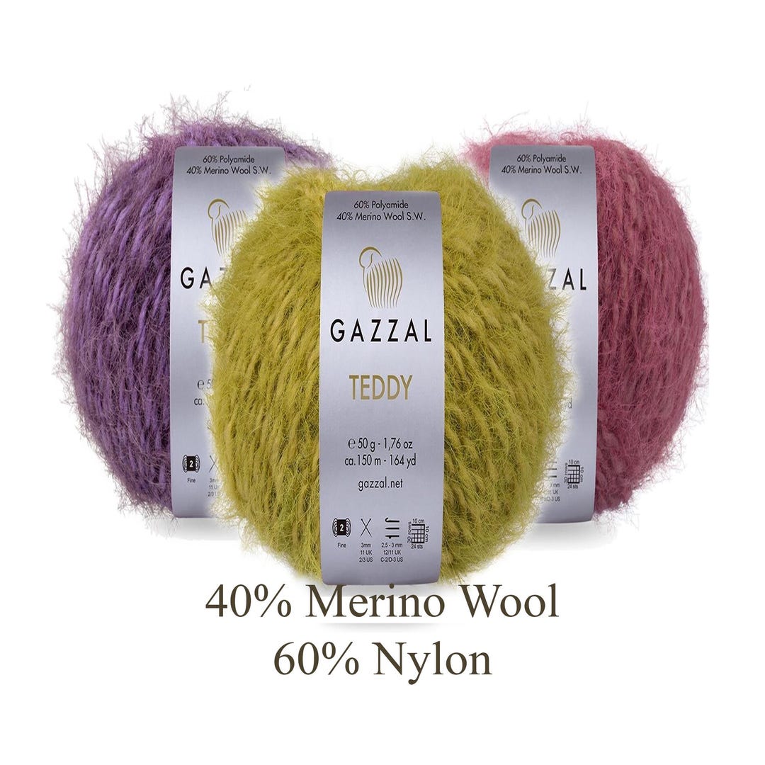 Gazzal Teddy Yarn: 40% Merino Wool, 60 Nylon, Fluffy Long Lash Yarn ...