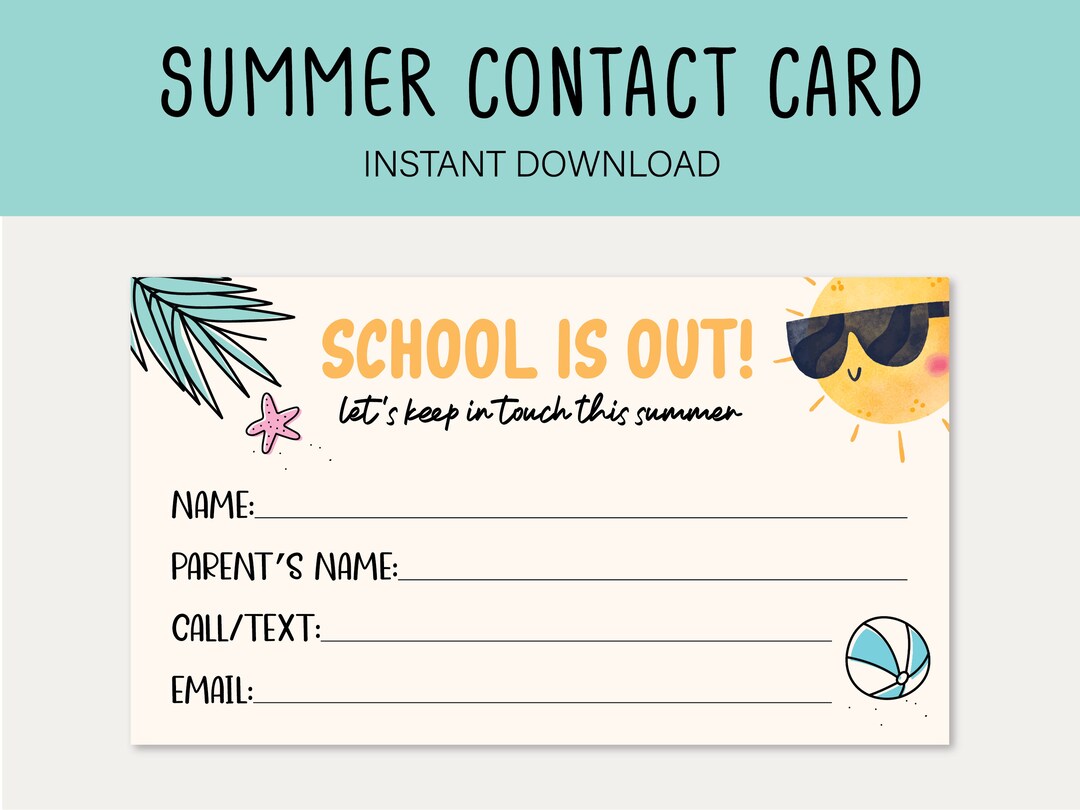 Printable Summer Contact Card, End of School Cards for Kids, Play Date ...