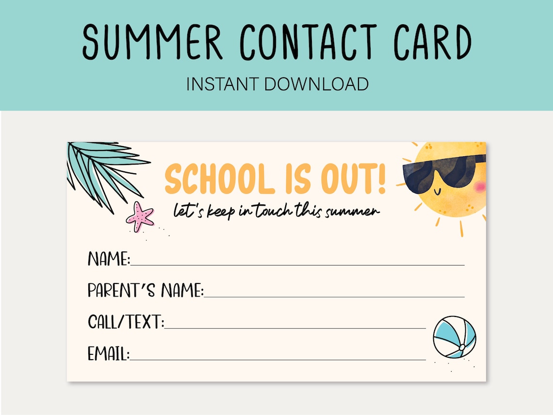 Printable Summer Contact Card, End of School Cards for Kids, Play Date ...