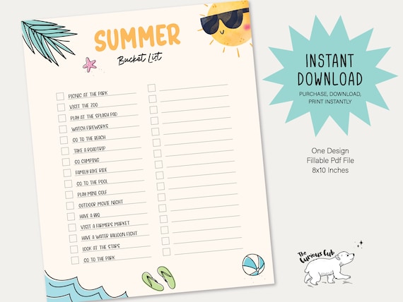 Editable Summer Bucket List Printable Summer Fun Sheet - Etsy