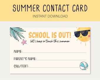 Printable Summer Contact Card, End of School Cards for Kids, Play Date ...