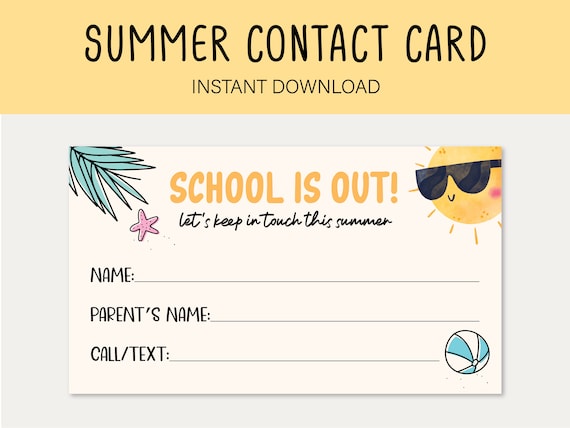 Printable Summer Contact Card End of School Cards for Kids - Etsy