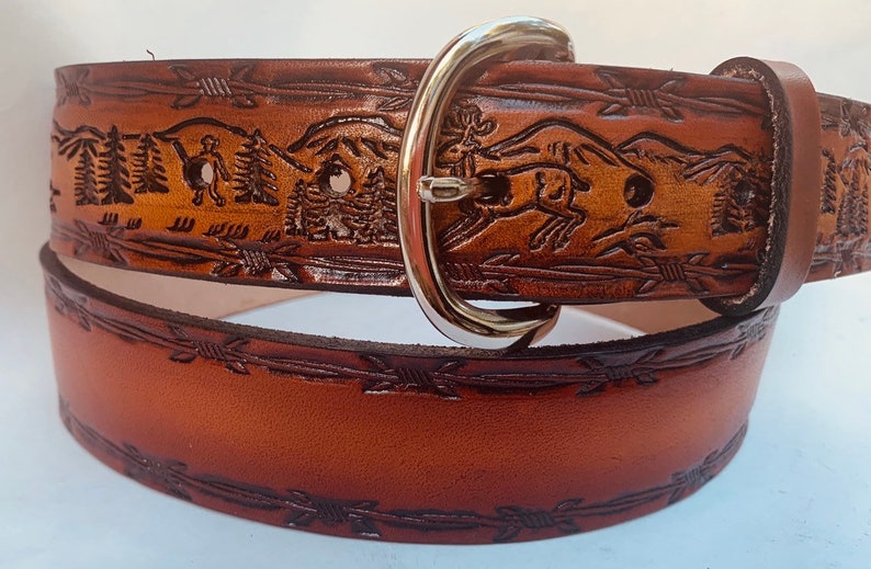 Personalized Leather Belt / Leaping Deer and Hunter / Free Name / Free ...