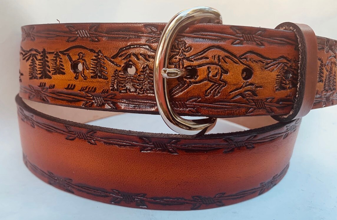 Personalized Leather Belt / Leaping Deer and Hunter / Free Name / Free ...