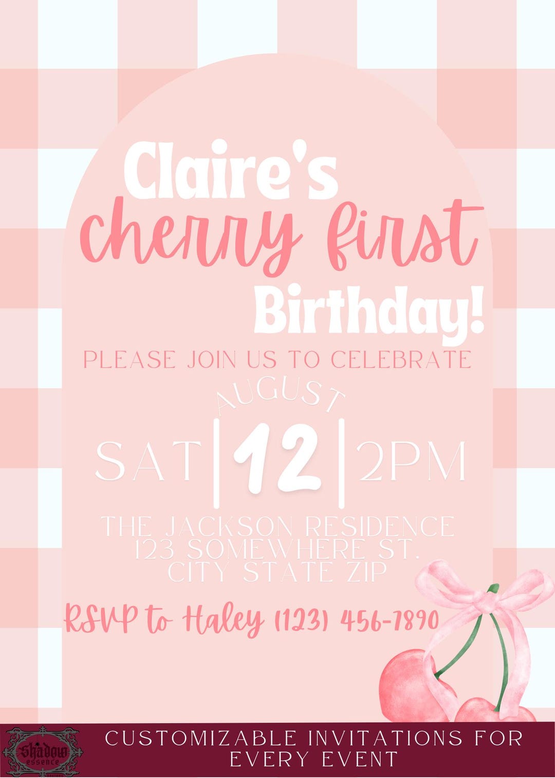 Cherry Birthday Invitation - Cherry Pink Plaid - Editable Template ...