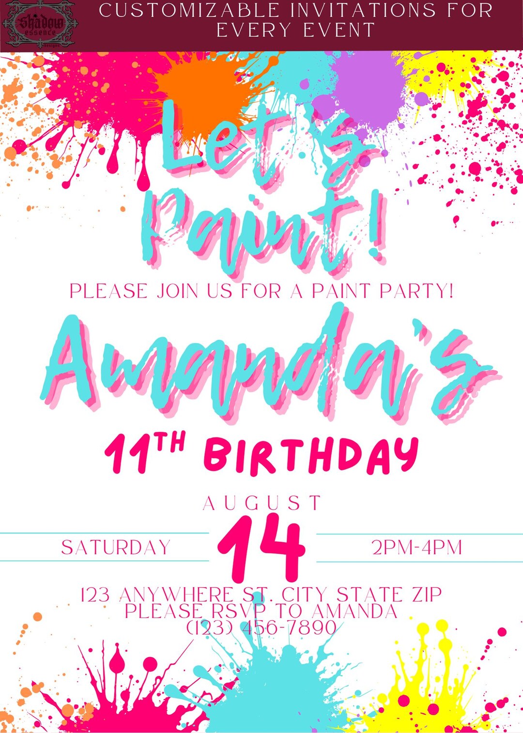 Paint Party Invitation - Neon Paint - Editable Template - Customizable ...