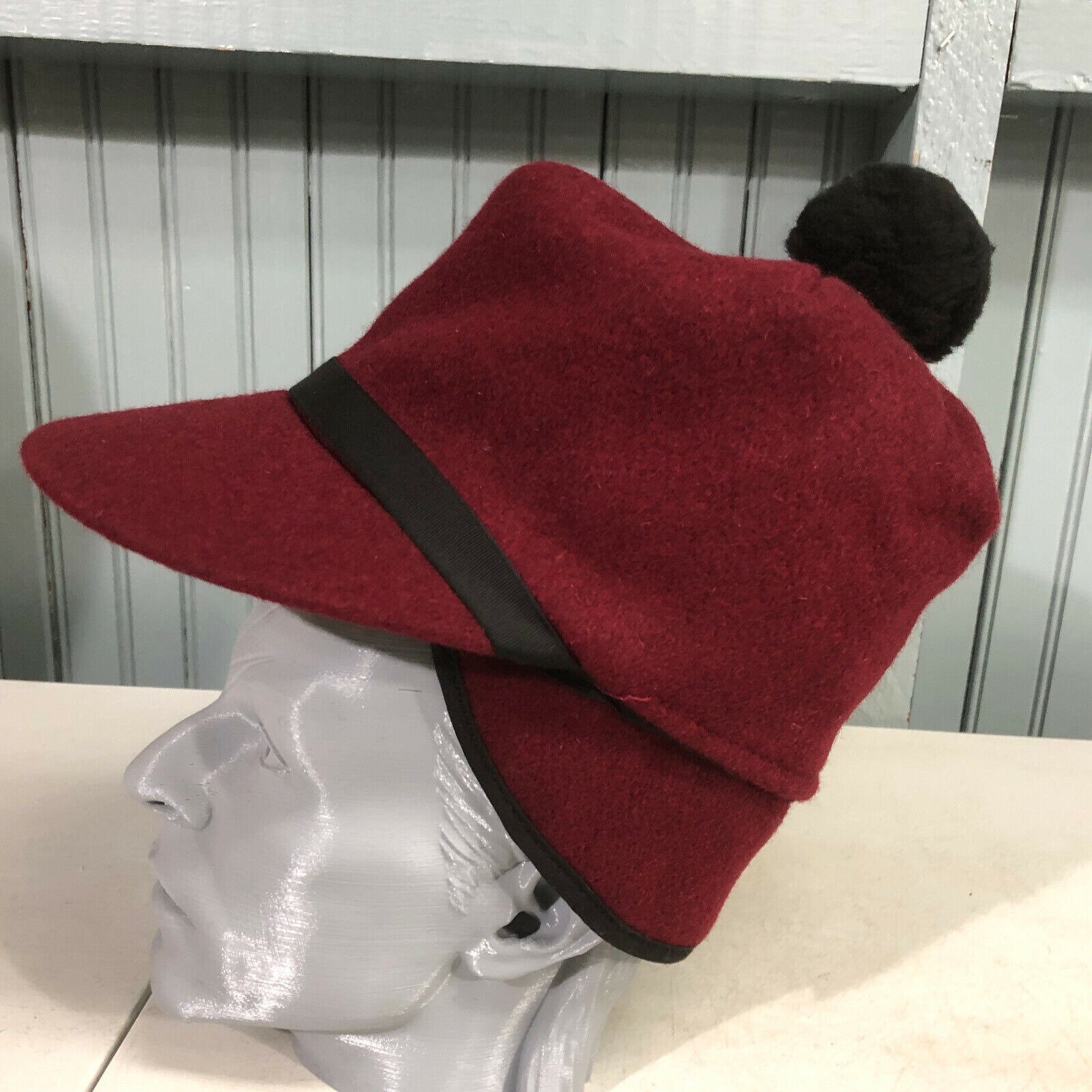 Vintage Maroon Pom Wool Hunting Made in USA Ear Flaps 6 1/2 Langenberg ...